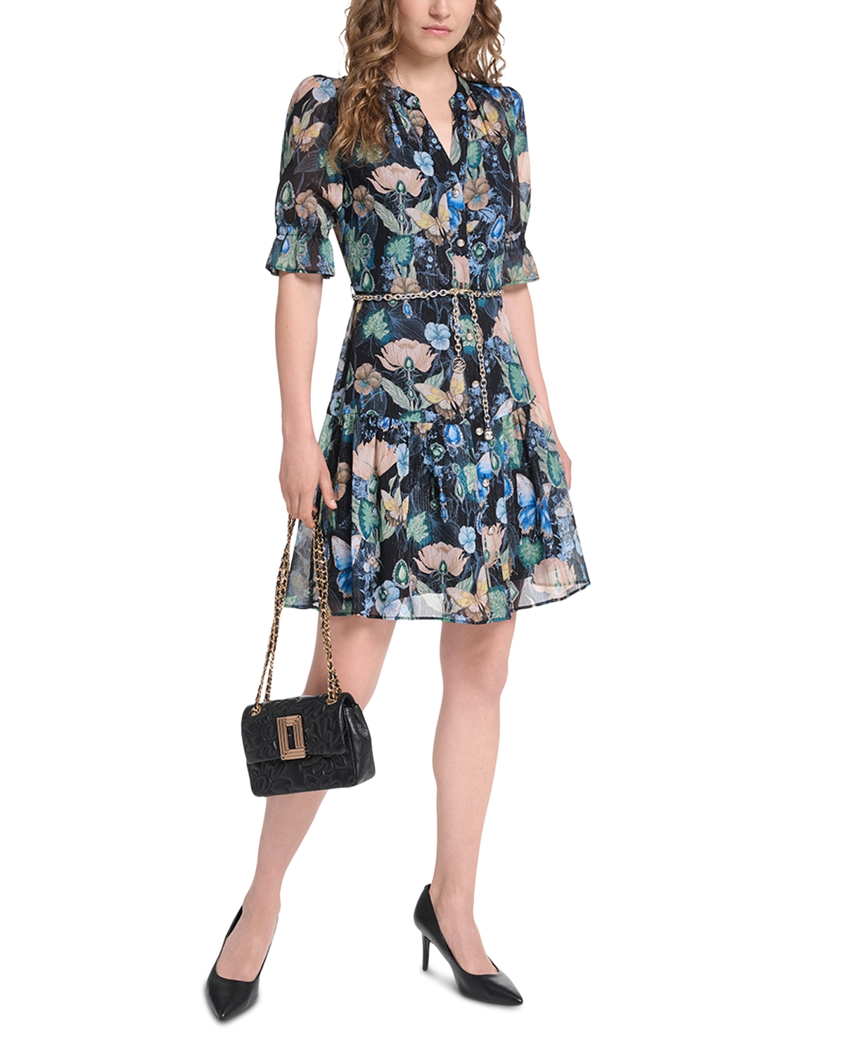 KARL LAGERFELD PARIS Karl Lagerfeld Paris Metallic Crinkle Button Down Dress